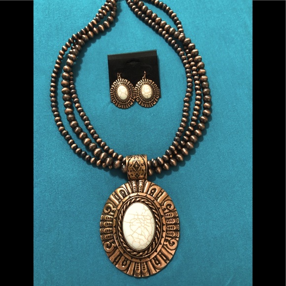 Jewelry | Copper Colored Indian Style Necklace Set With Beige Stone Nwt ...